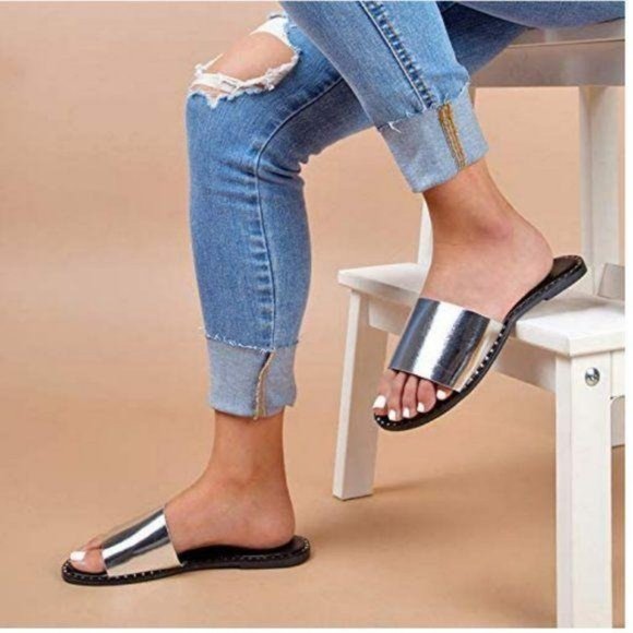 Shoes | New Metallic Silver Slide Sandals With Studded Detail | Poshmark